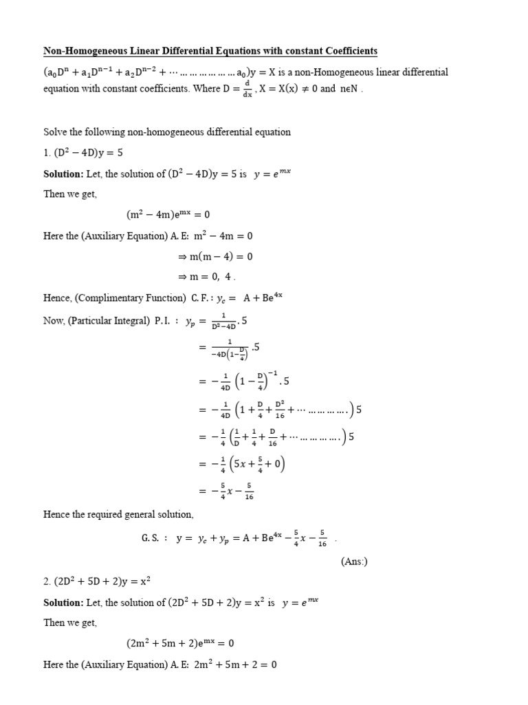 Nonhomogeneous Linear Differential Equations With Constant Coefficients ...