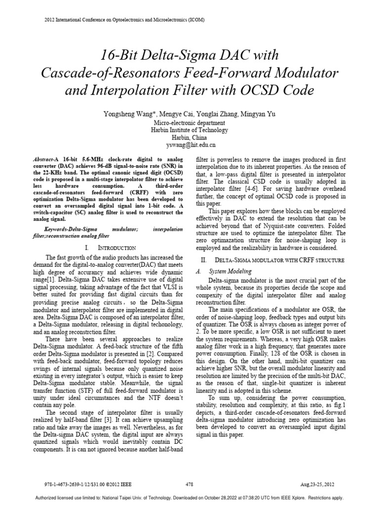 16-Bit Delta-Sigma DAC With Cascade-Of-Resonators Feed-Forward ...