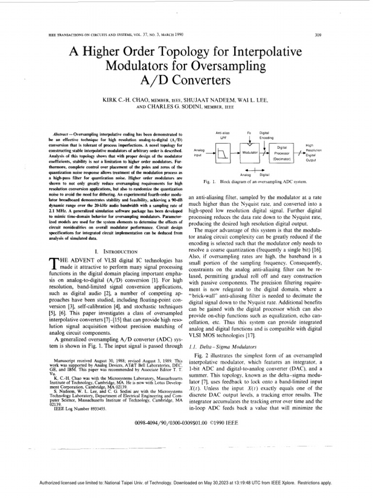 A Higher Order Topology For Interpolative Modulators For Oversampling A D Converters | PDF ...