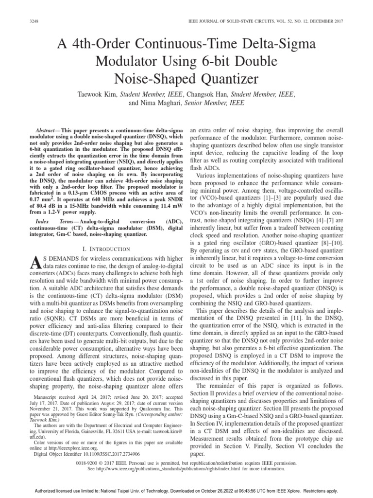 A 4th-Order Continuous-Time Delta-Sigma Modulator Using 6-Bit Double ...