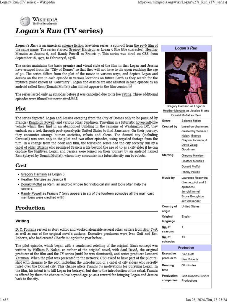 Logan's Run (TV Series) - Wikipedia - Jan 12'24 | PDF