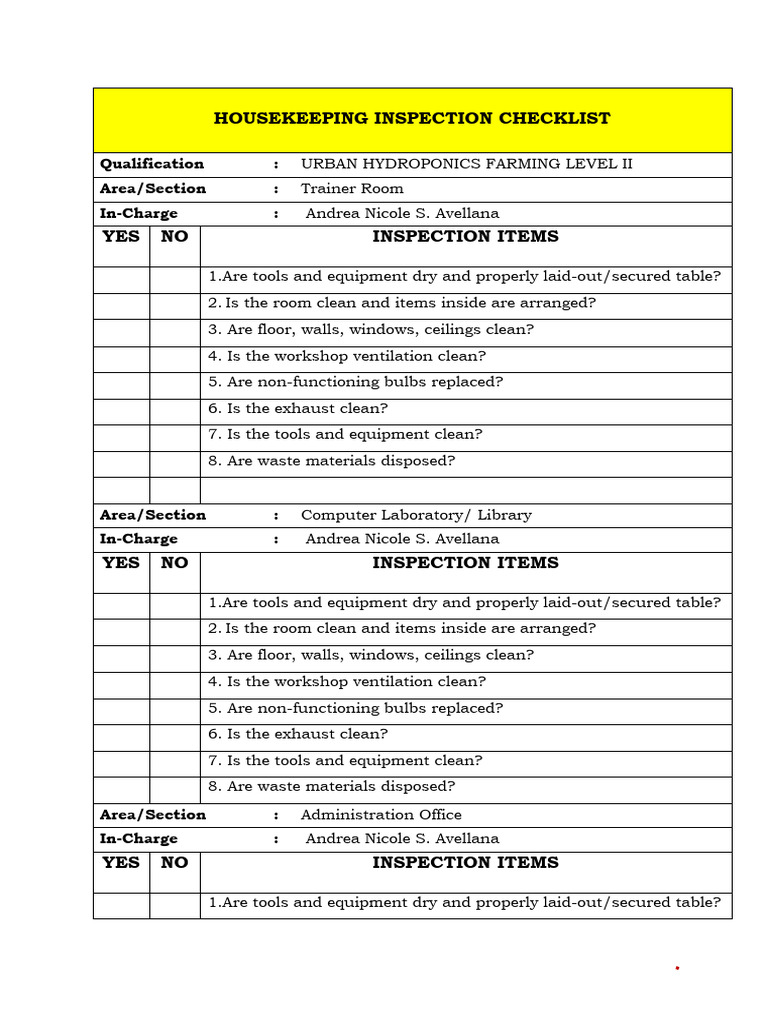Housekeeping Inspection Check | PDF | Home