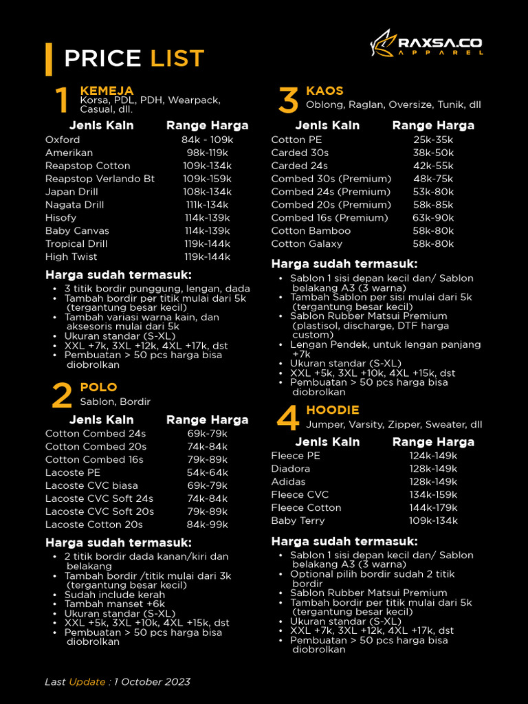 Pricelist Dan Size Chart Per 1 Oktober 2023 | PDF