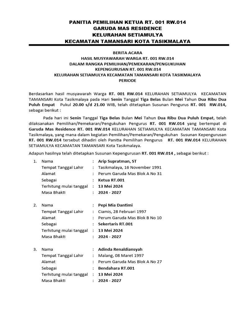 Hasil Pemilihan Pengurus RT 001 RW 014 | PDF