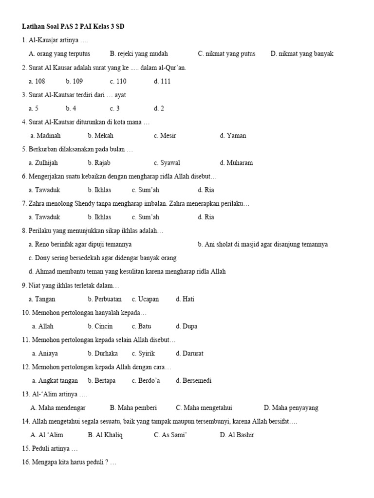 Latihan Soal PAS 2 PAI Kelas 3 SD | PDF