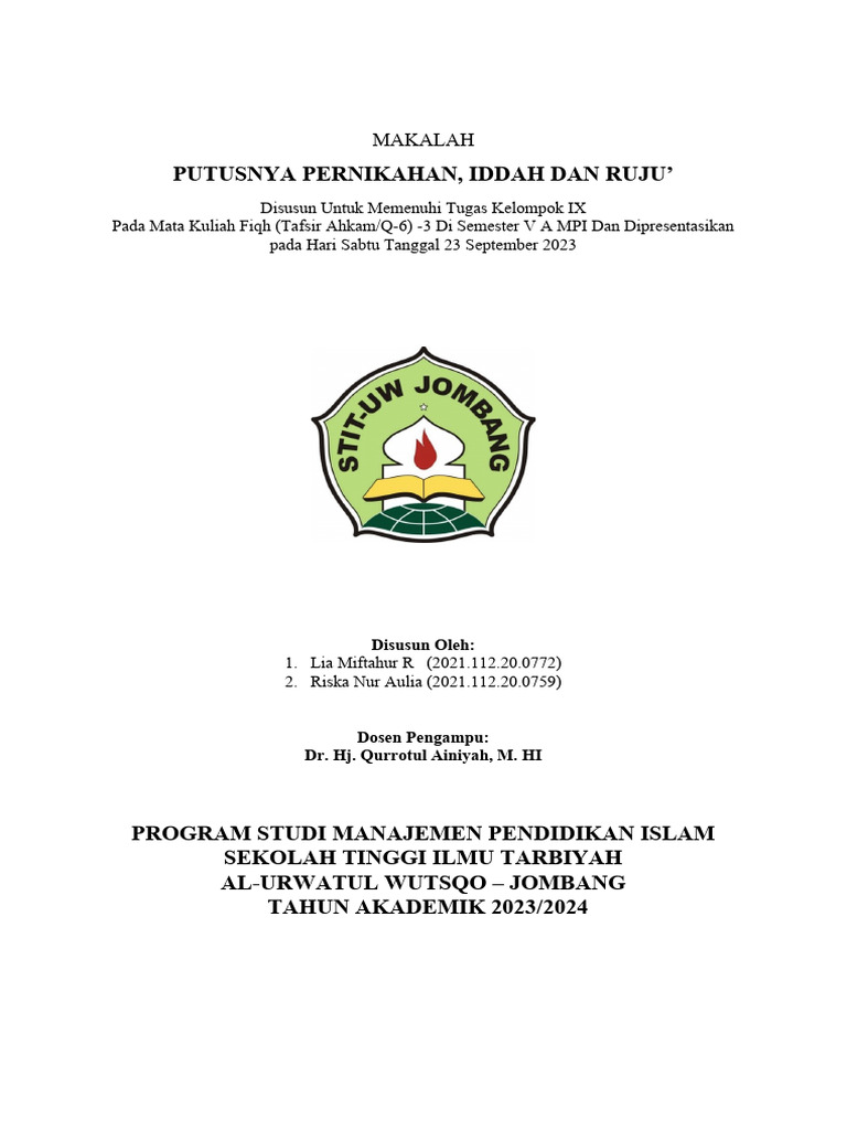 PUTUSNYA PERNIKAHAN, Iddah, Rujuk Piks | PDF