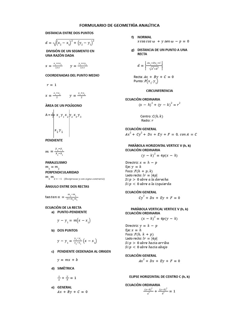 Formulario de Geometrìa Analìtica | PDF | Geometría diferencial | Geometría algebraica