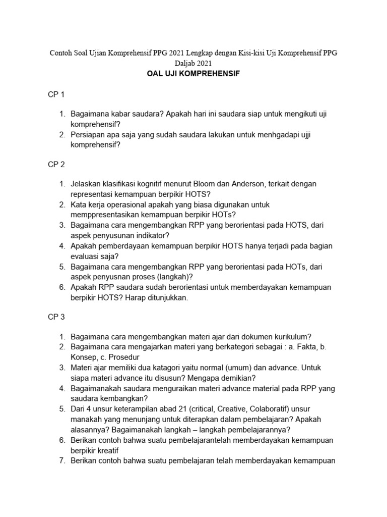 Contoh Soal Ujian Komprehensif PPG 2021 Lengkap Dengan Kisi | PDF