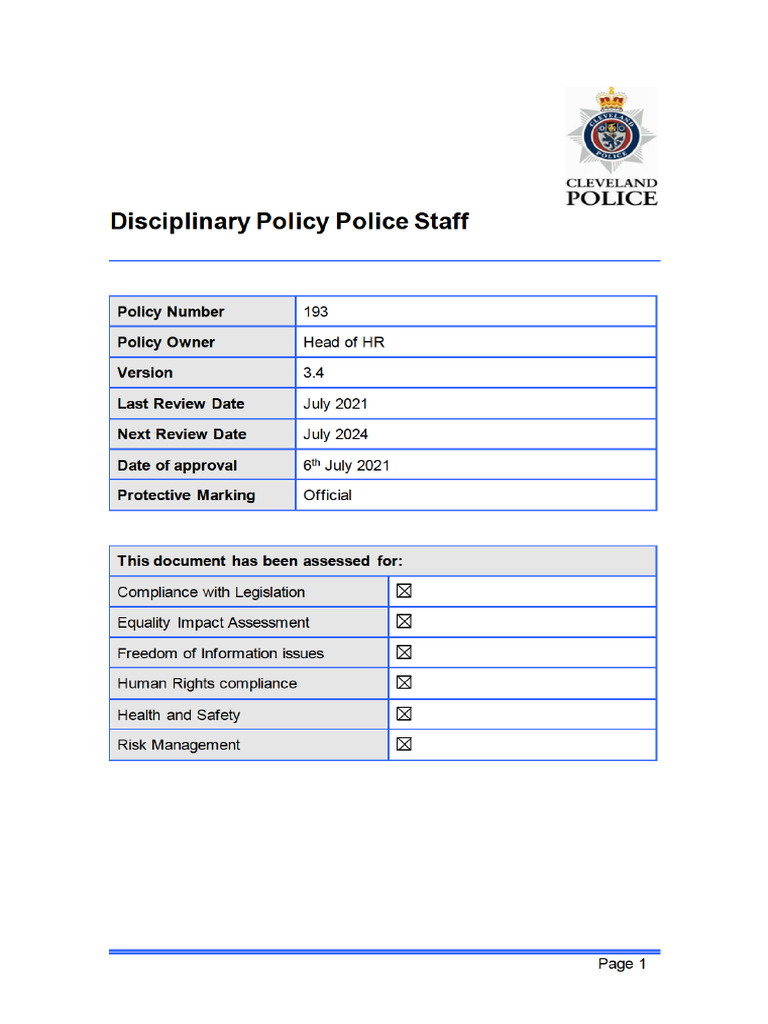 193 Disciplinary Policy Police Staff v3.4 With Appendix - Redacted ...