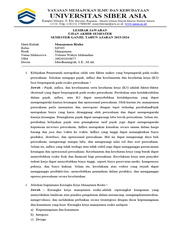 Uas - MJ Risiko - Yuliana.w.m | PDF