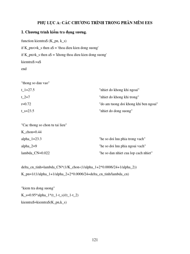 Phụ Lục A: Các Chƣơng Trình Trong Phần Mềm Ees 1. Chƣơng trình kiểm tra đọng sƣơng | PDF