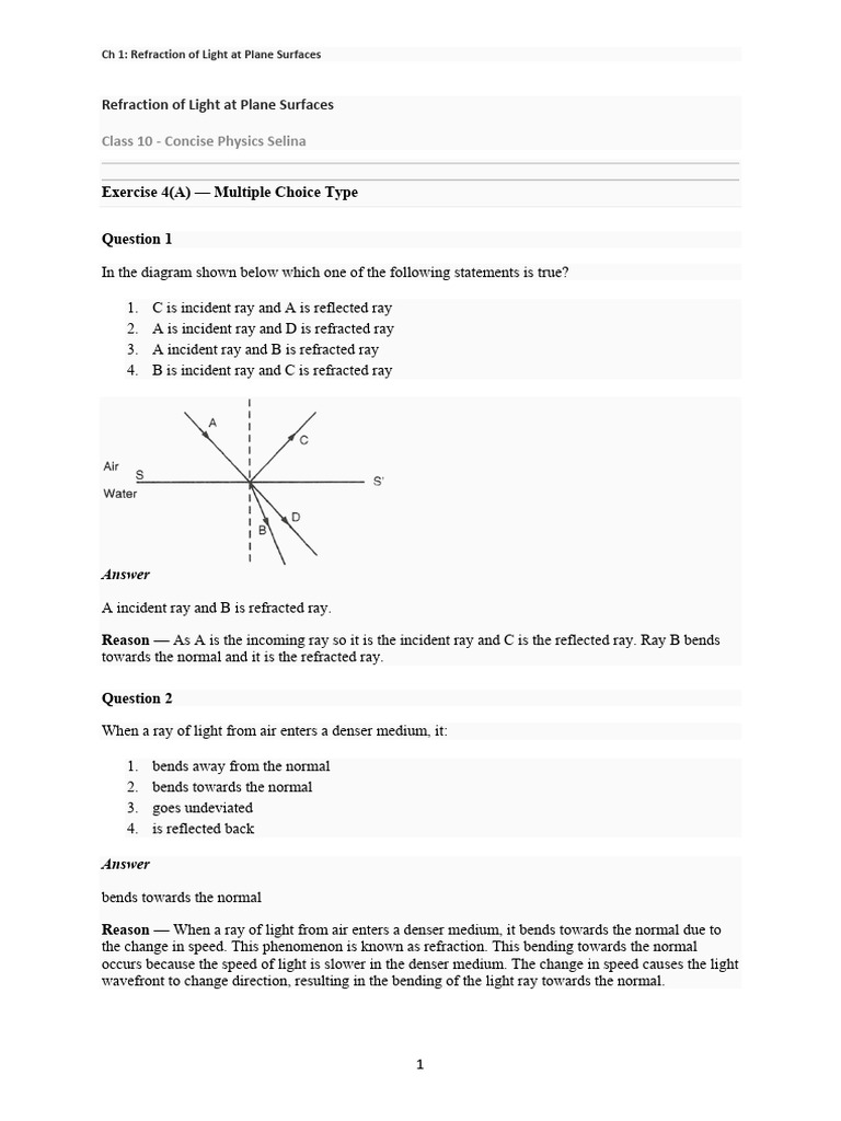 Physics Refraction of Light at Plane Surfaces | PDF | Refraction ...