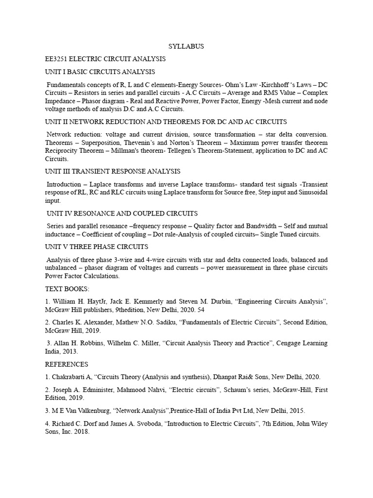 Ee3251 Electric Circuit Analysis Syllabus | PDF