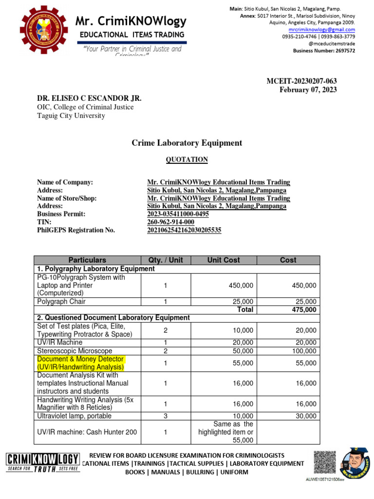 MCEIT 20230207 063 Criminology Laboratory Equipment and Supply ...