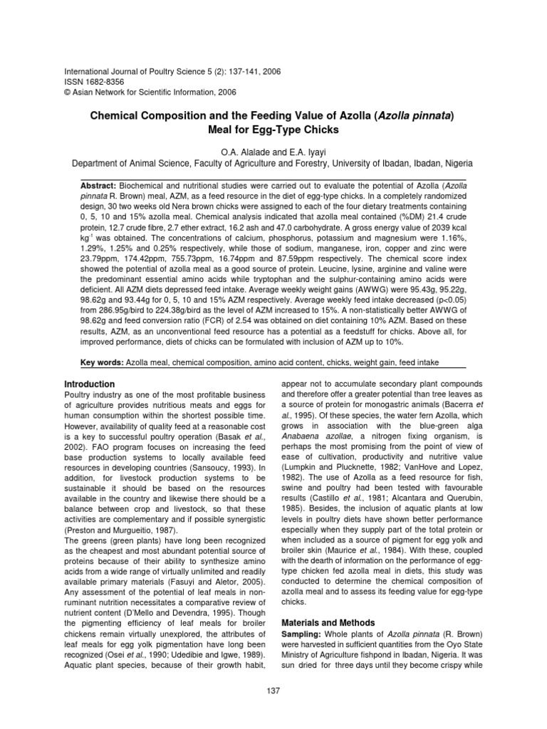 Chemical Composition and The Feeding Value of Azolla (Azolla Pinnata ...