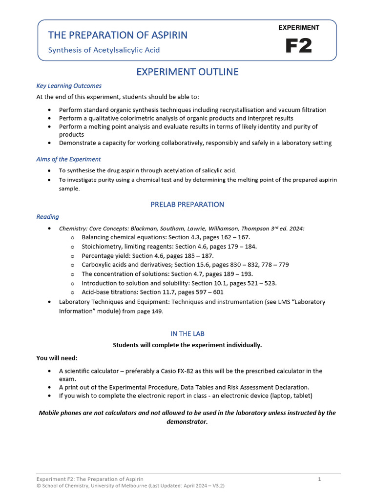 EXPERIMENT F2 Student Notes (V3.2) | PDF | Mole (Unit) | Aspirin