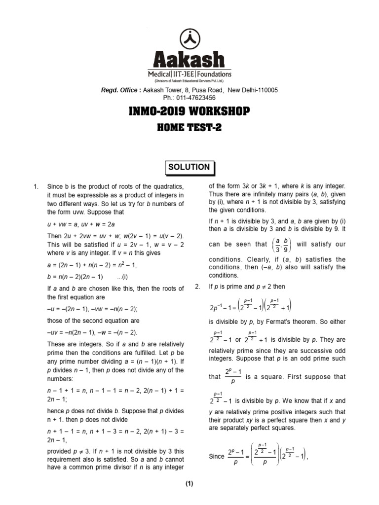 INMO 2019 Workshop Problem Solutions | PDF | Mathematics | Number Theory