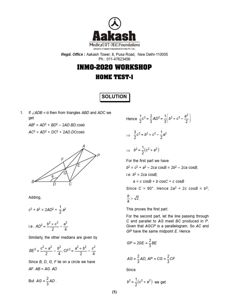 INMO Home Test 1 Solution | PDF | Classical Geometry | Euclid