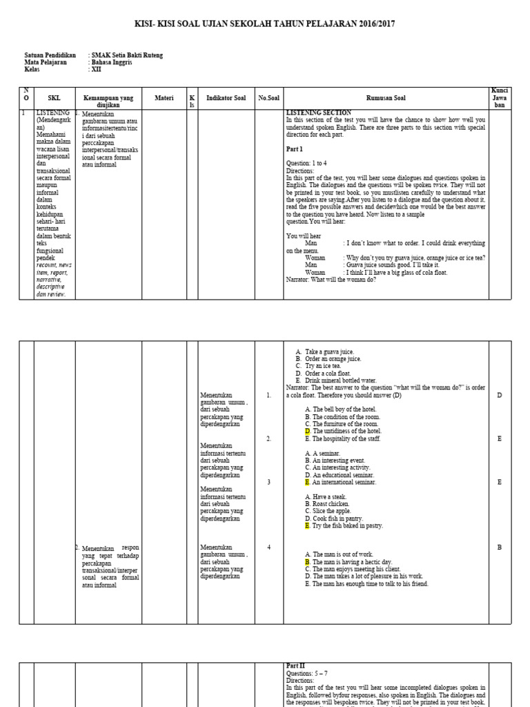KISI KISI SOAL US 2024 Listening | PDF
