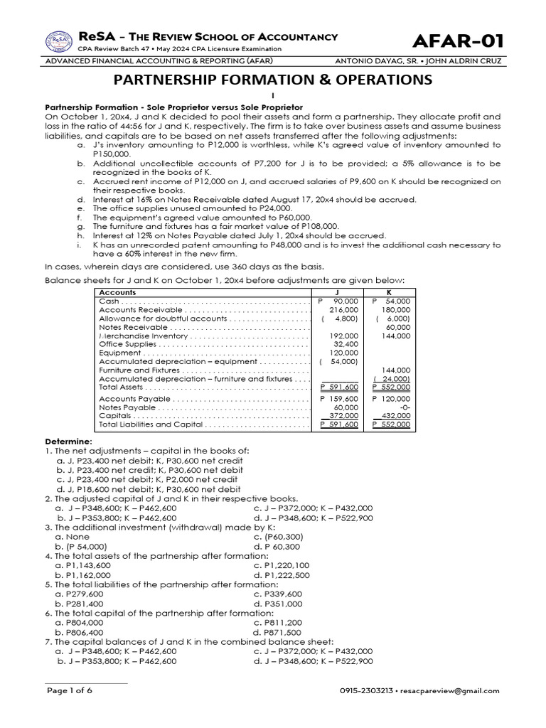 AFAR-01 (Partnership Formation & Operations) | PDF | Balance Sheet ...