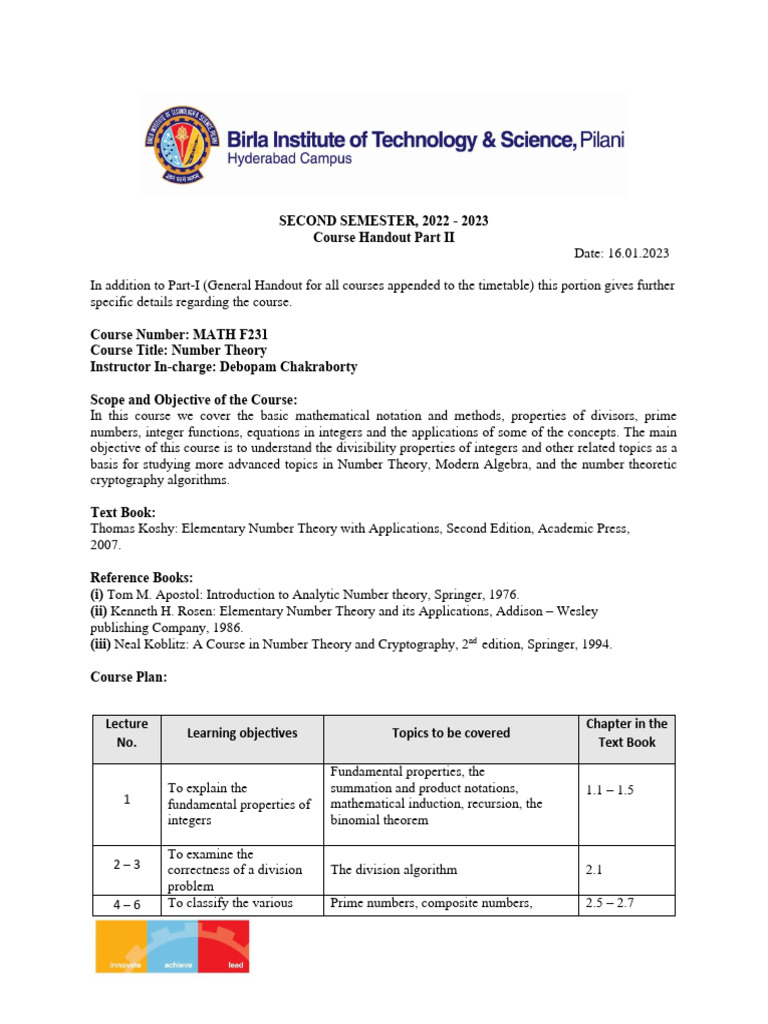 Math F231 Number Theory - Handout | PDF | Prime Number | Number Theory