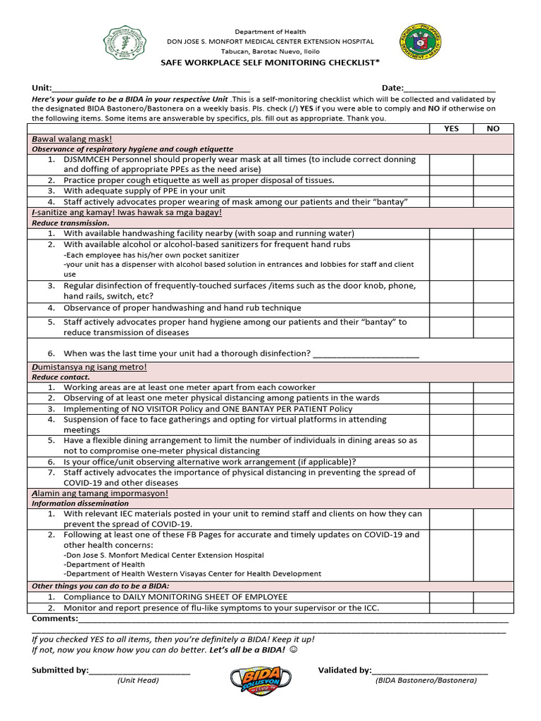 Safe Workplace Checklist - WARDS&Service Areas | PDF | Hand Washing ...
