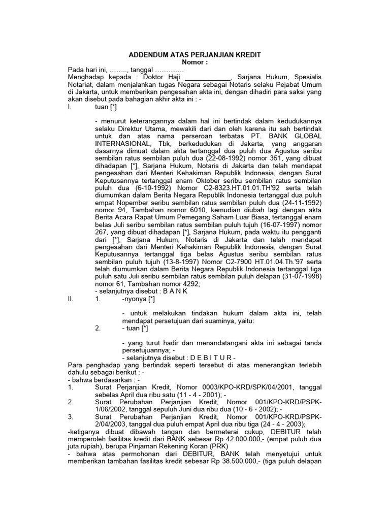 Addendum Atas Perjanjian Kredit | PDF | Pengelolaan Keuangan & Uang