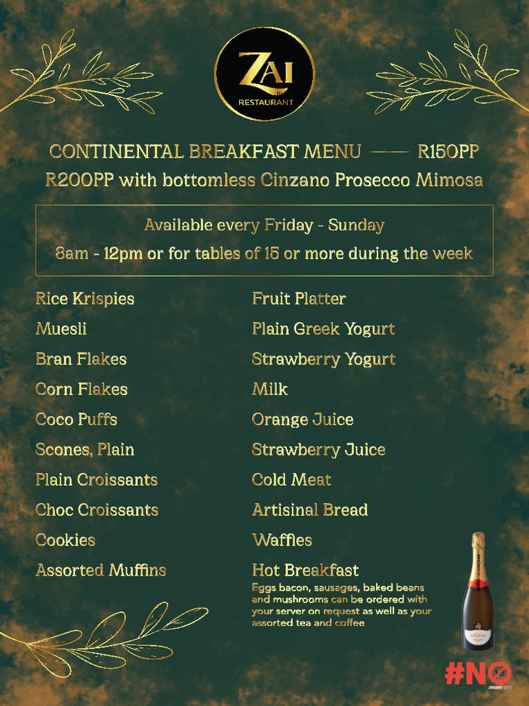 Zai Restaurant Durban Breakfast Menu | PDF | Cooking, Food & Wine