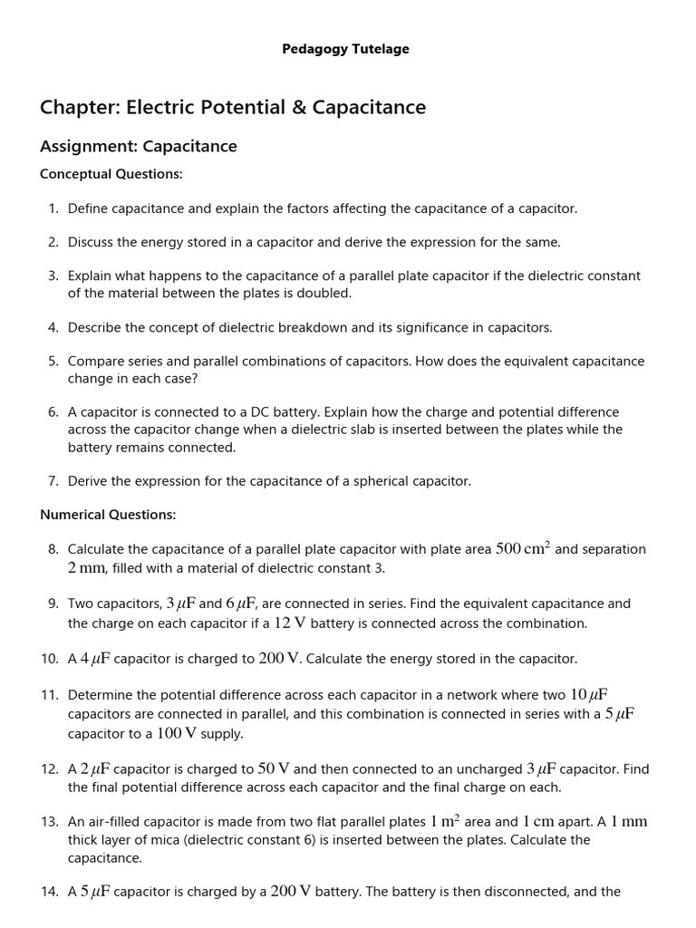 Assignment-Capacitance-12th Physics | PDF | Capacitor | Capacitance