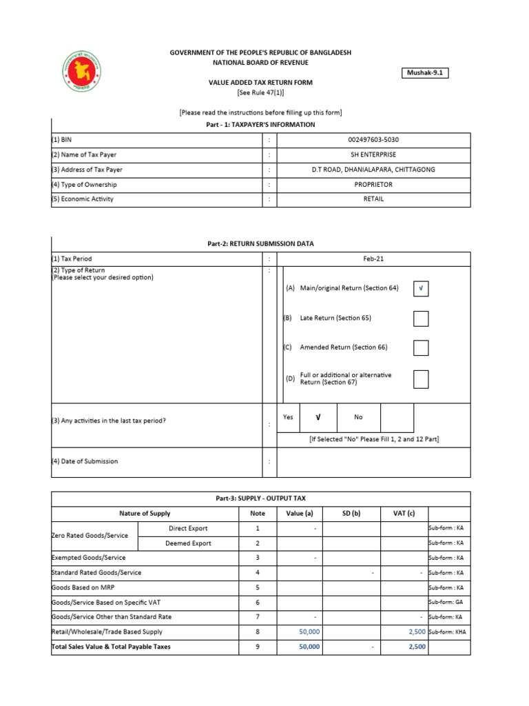 Mushak-9.1 VAT Return Form Guide | PDF | Value Added Tax | Taxes