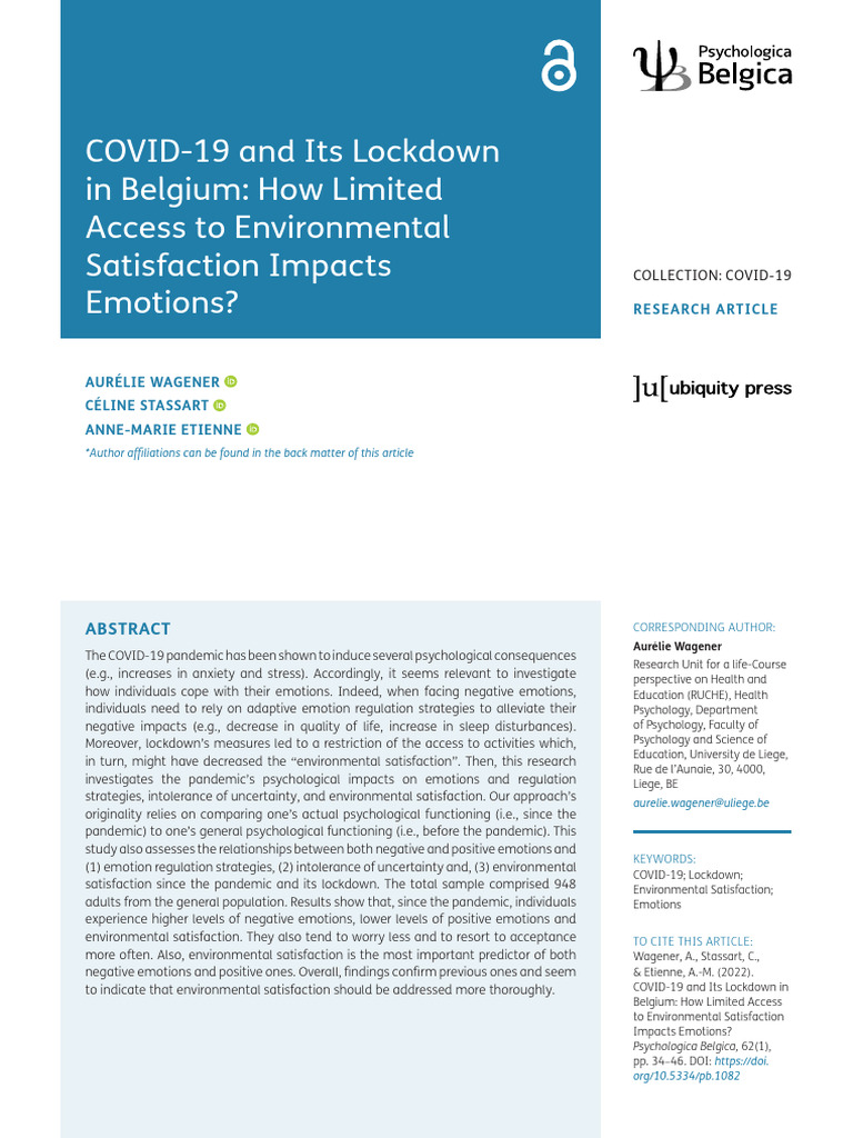 WAGENER, A - COVID-19 and Its Lockdown in BE - How Limited Access To Environmental Satisfaction ...