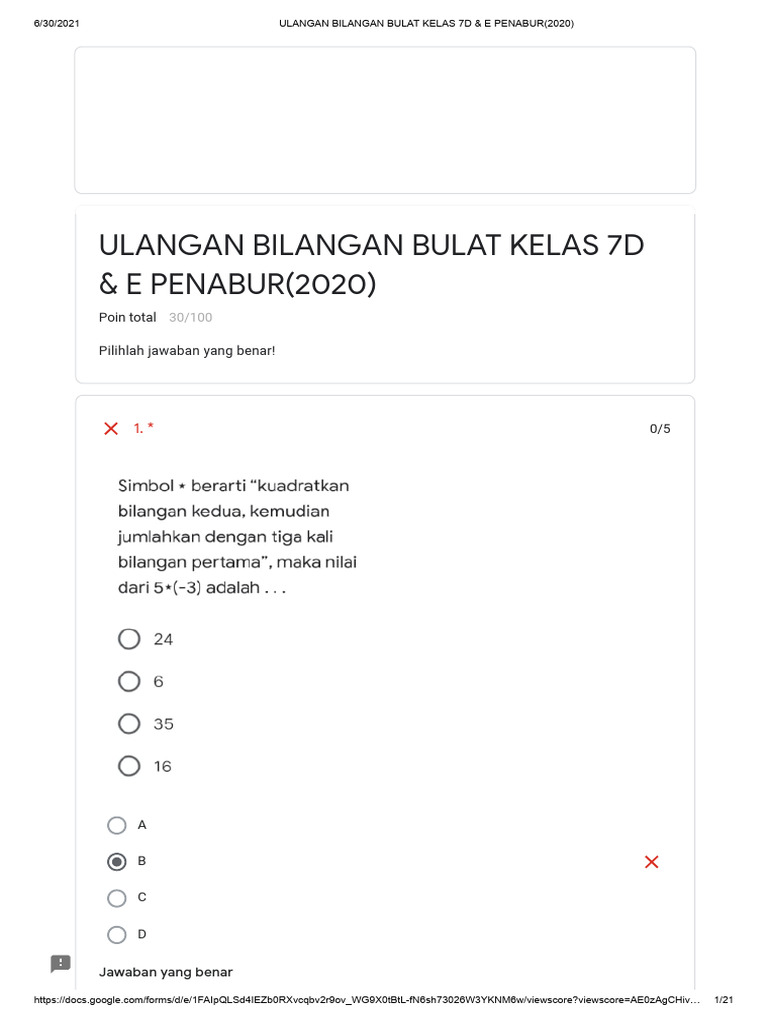 Jawaban ULANGAN BILANGAN BULAT KELAS 7D & E PENABUR (2020) | PDF