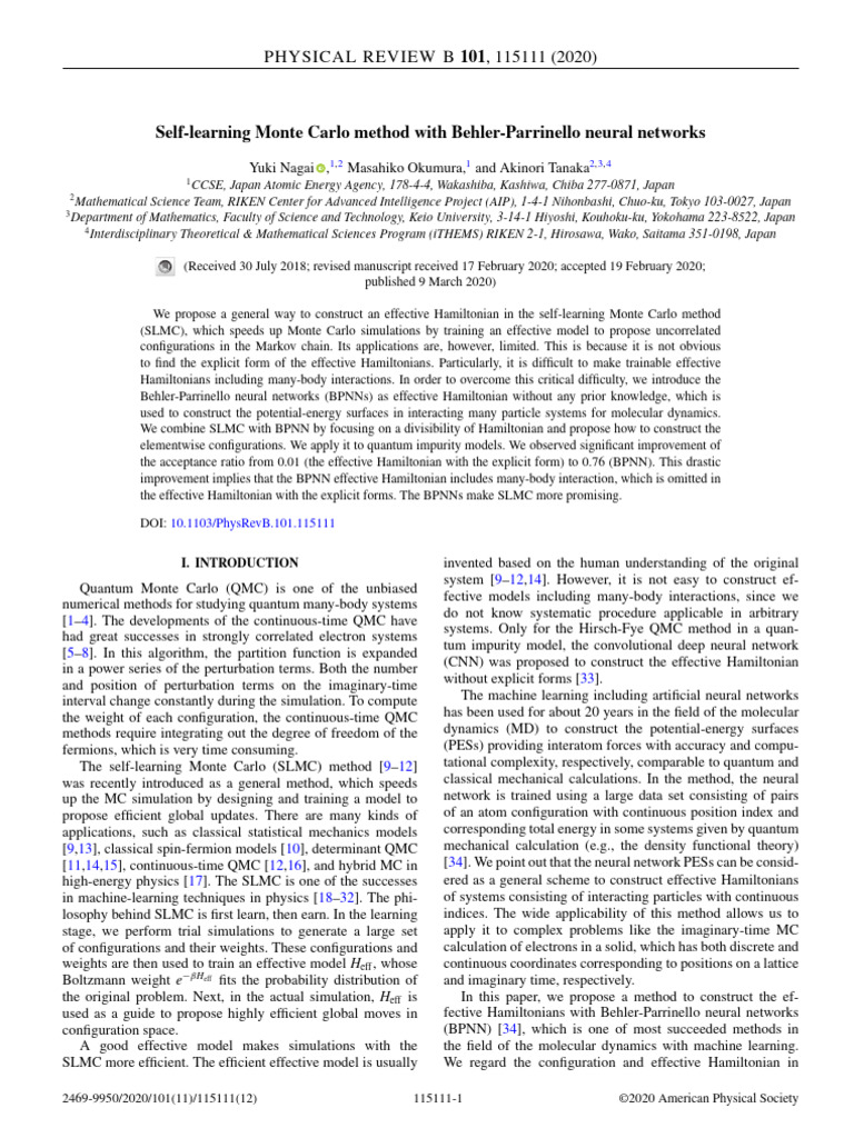(W-9716) Self-Learning Monte Carlo Method With Behler-Parrinello Neural Networks | PDF | Monte ...