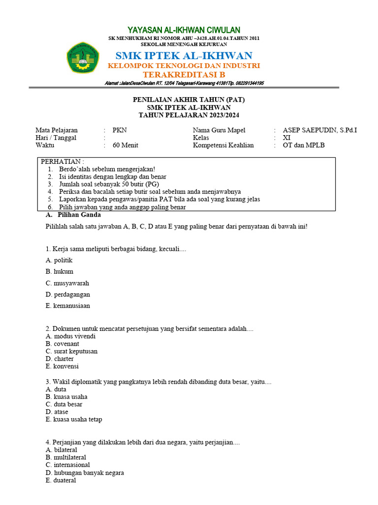 Soal PAT PKN Kelas XI | PDF