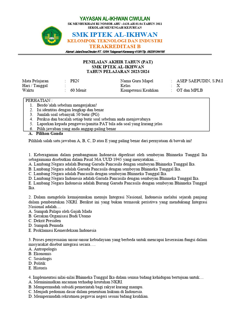 Soal PAT PKN Kelas X | PDF