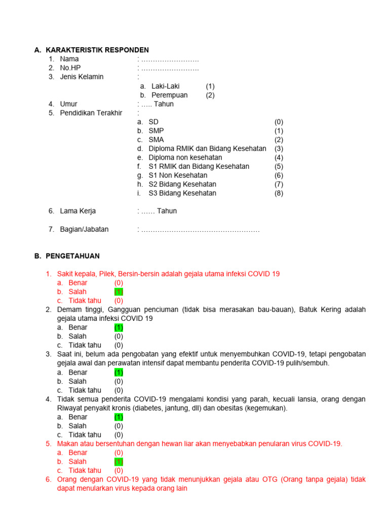 Contoh Kuesioner Dan Skoring Jawaban | PDF