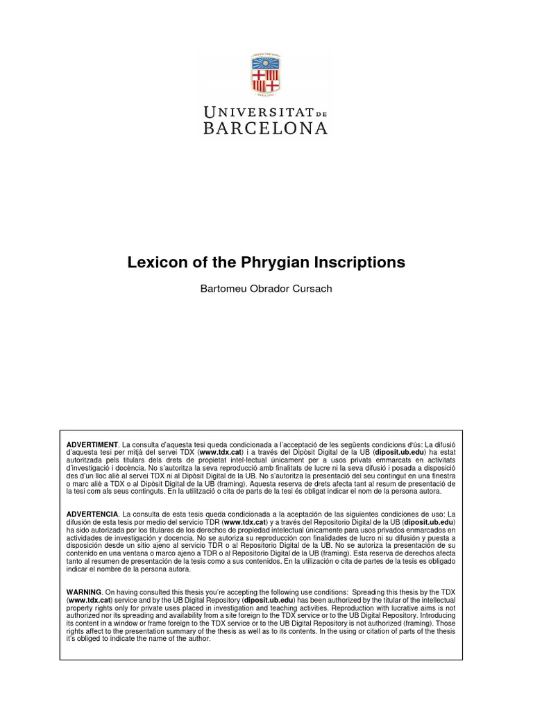 Lexicon of The Phrygian Inscriptions | PDF