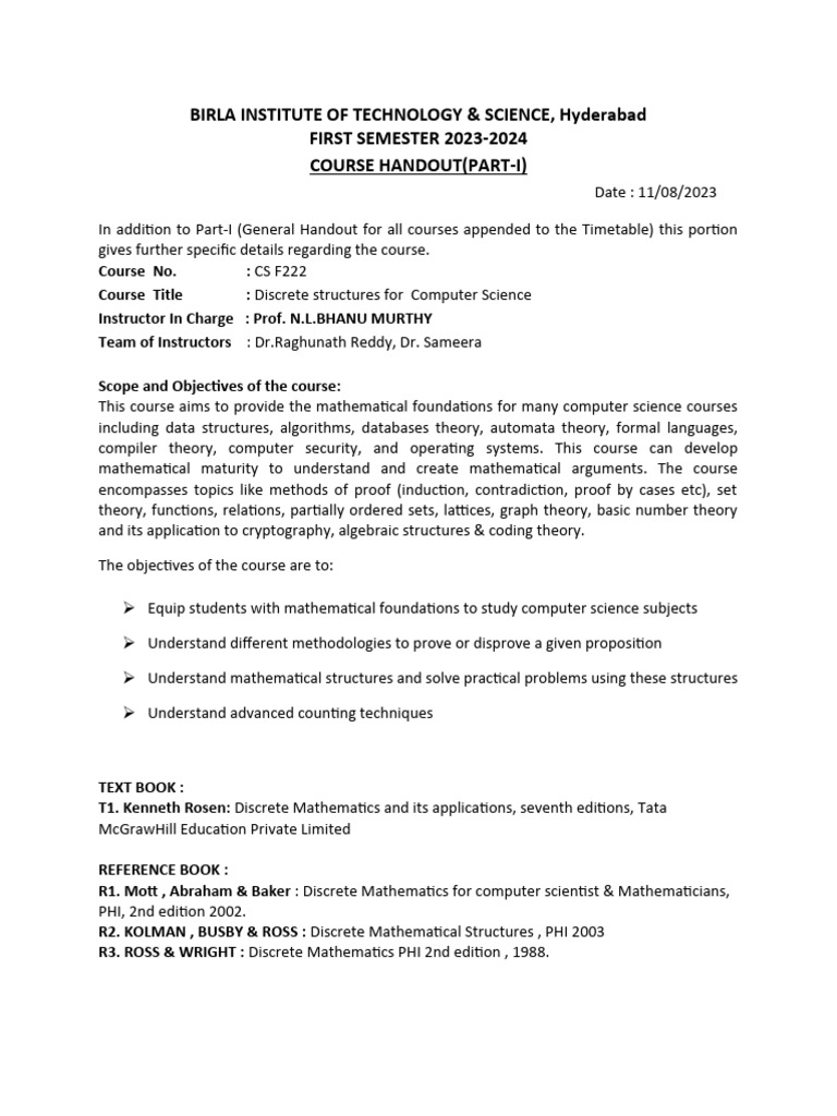 CS F222 Discr Struc For Comp Sci - Handout | PDF | Discrete Mathematics ...
