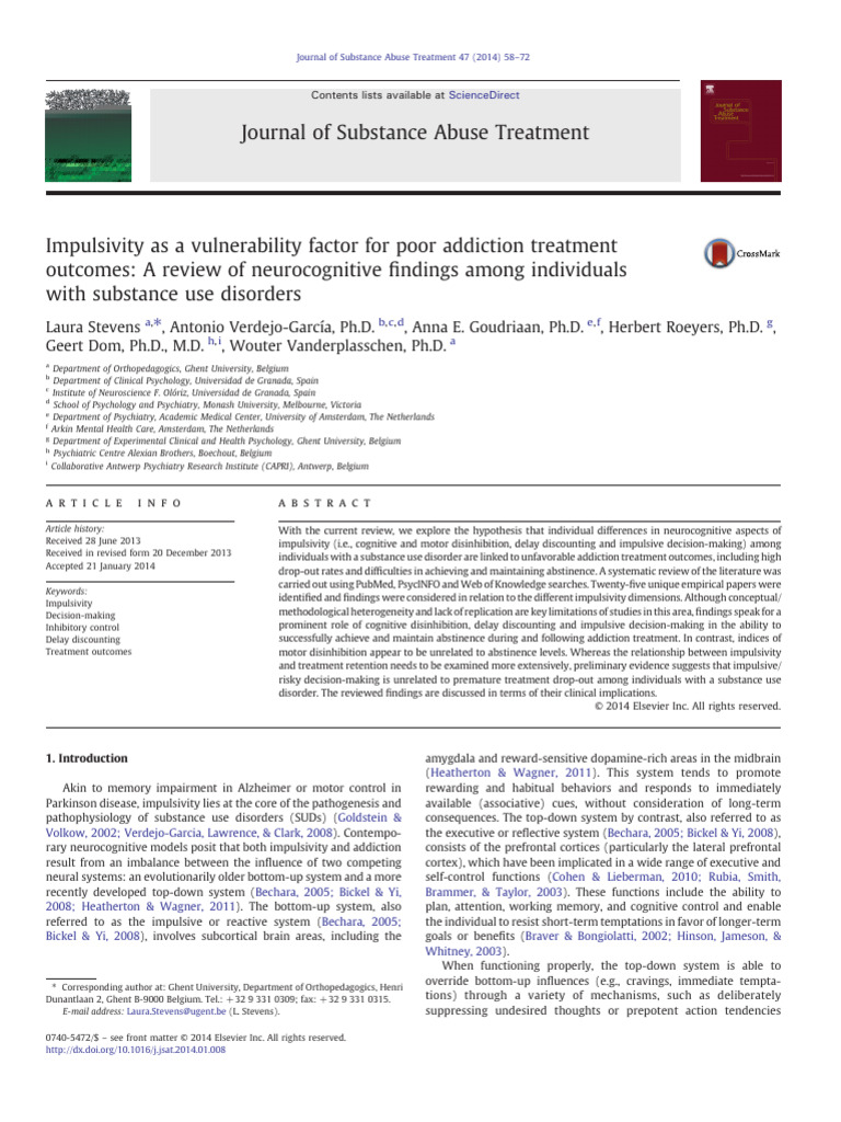 Stevens 2014 - Impulsivity As A Vulnerability Factor For Poor Addiction ...