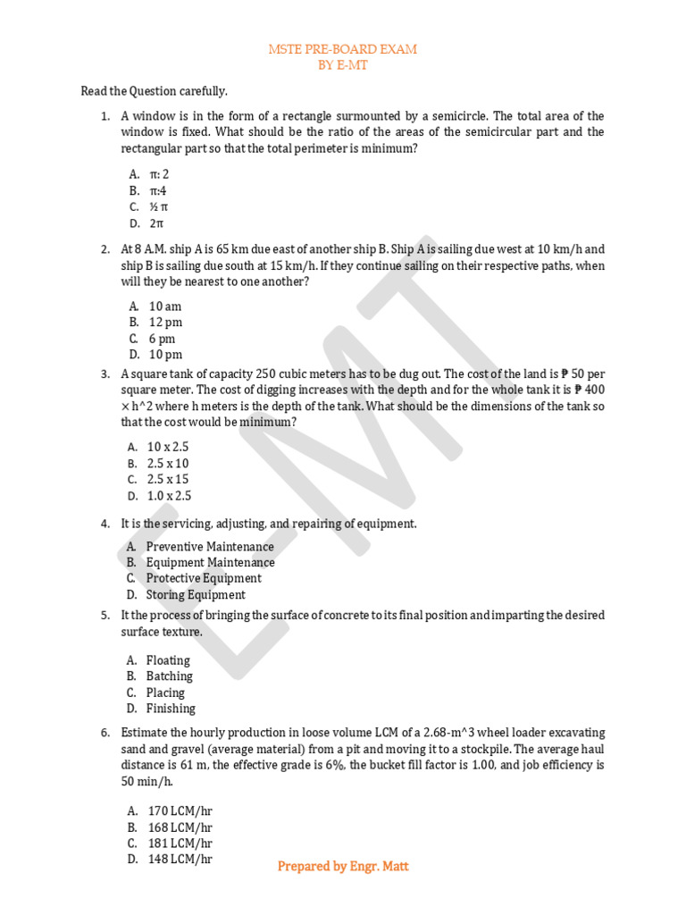 MSTE Pre-Board Exam Questions | PDF | Concrete