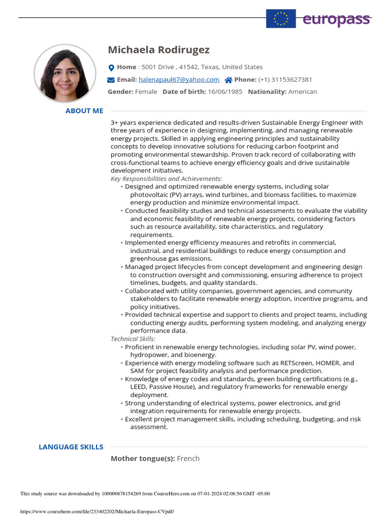 Michaela Europass CV PDF | PDF | Renewable Energy | Efficient Energy Use