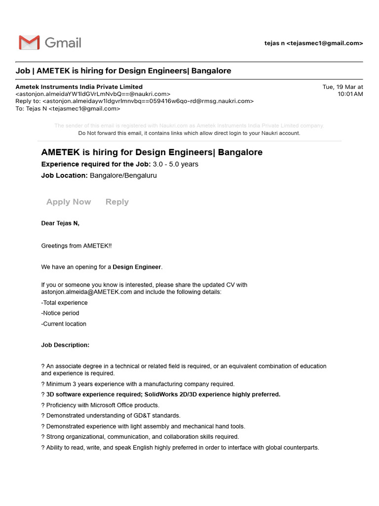 Job AMETEK Is Hiring For Design Engineers Bangalore | PDF | Cyberspace ...