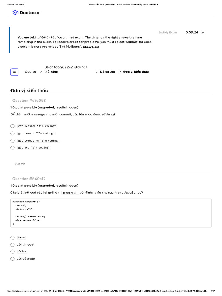 Đơn vị kiến thức - Đề ôn tập - Exam2022 2 Courseware - MOOC daotao.ai | PDF