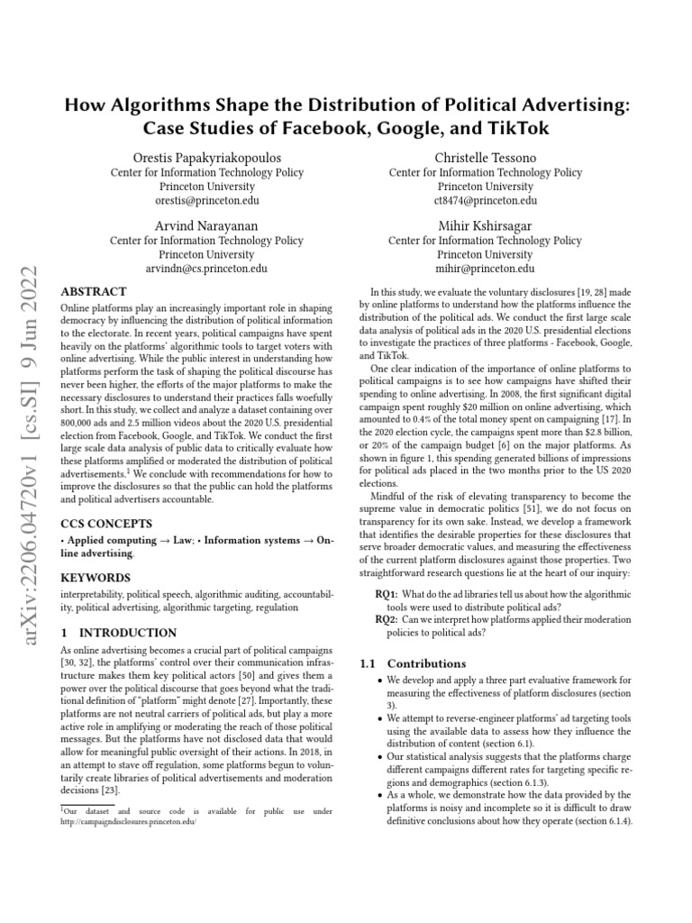 How Algorithms Shape The Distribution of Political | PDF | Advertising ...