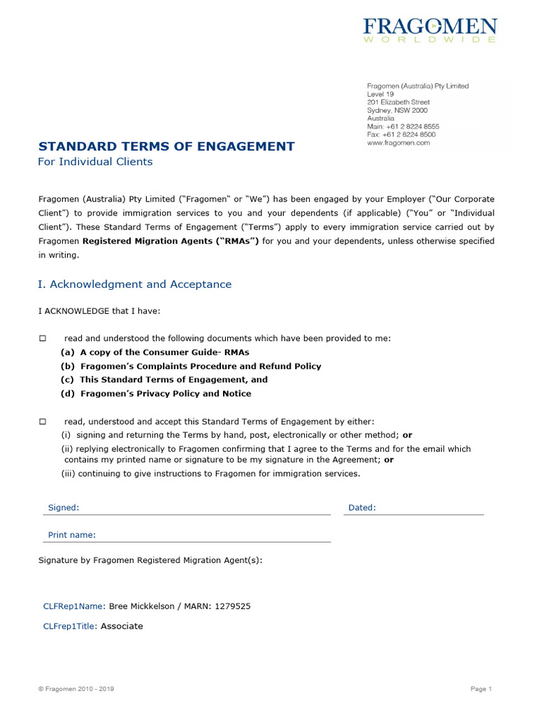 1 (Ii) Fragomen Australia - RMA Written Agreement To Individual 01.03. ...