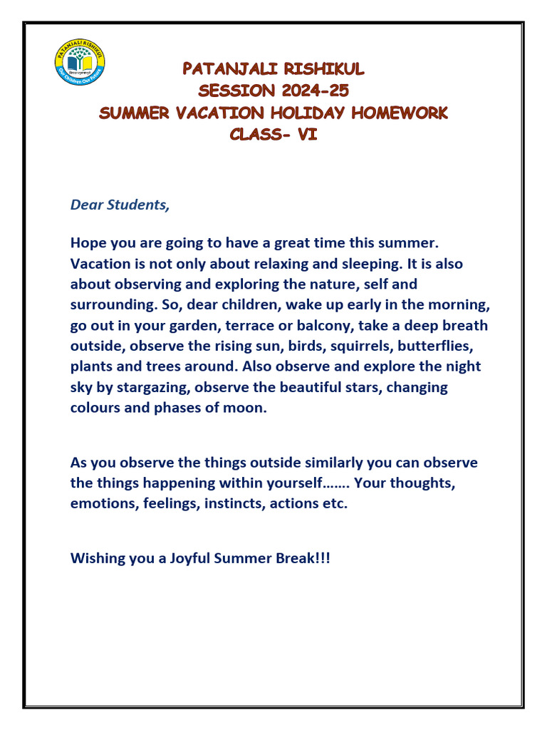 Class 6-Holiday Homework (2024-25) | PDF | Meditation | Mathematics