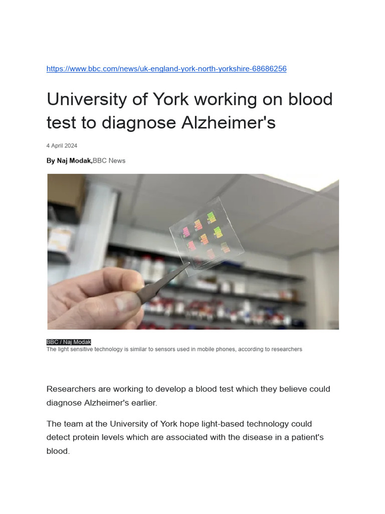 University of York Working On Blood Test To Diagnose Alzheimer's | PDF ...