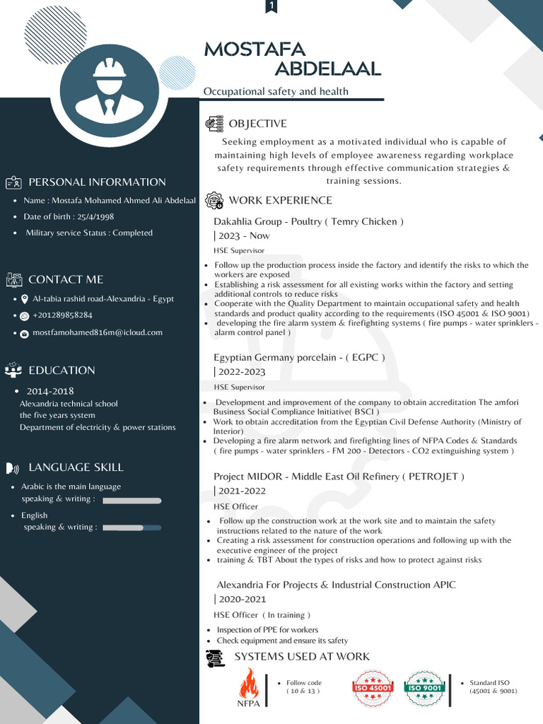 Mostafa Abdelaal "Occupational Safety & Health CV" | PDF | Occupational Safety And Health | Safety