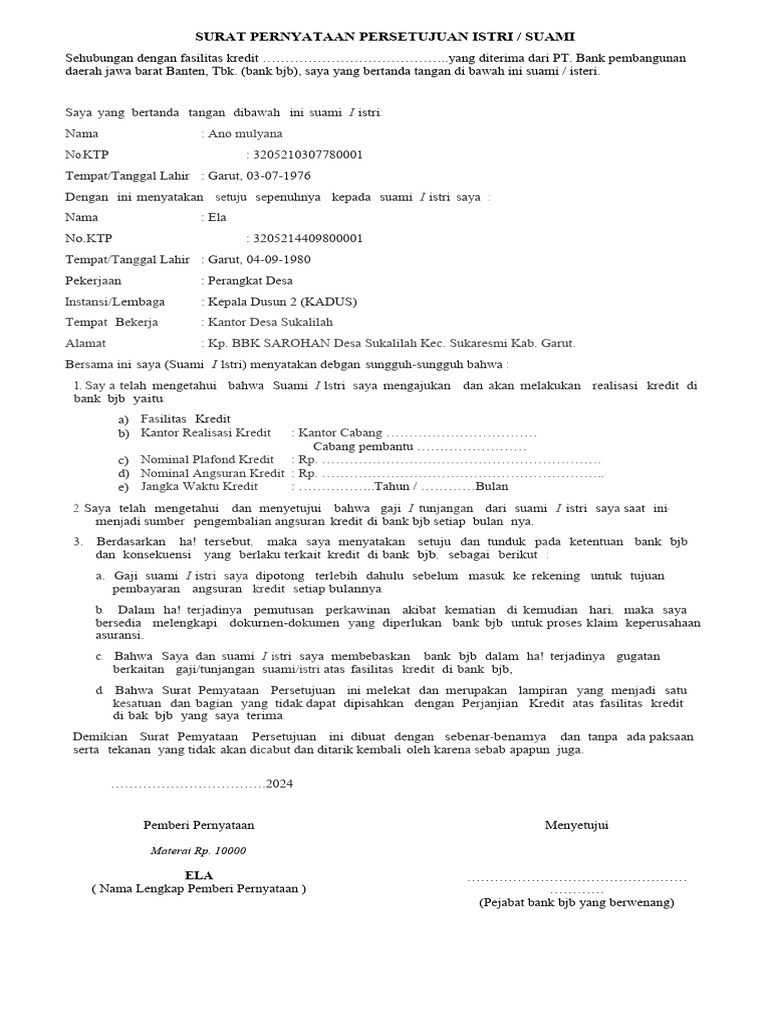 Surat Pernyataan Persetujuan Istri BJB | PDF