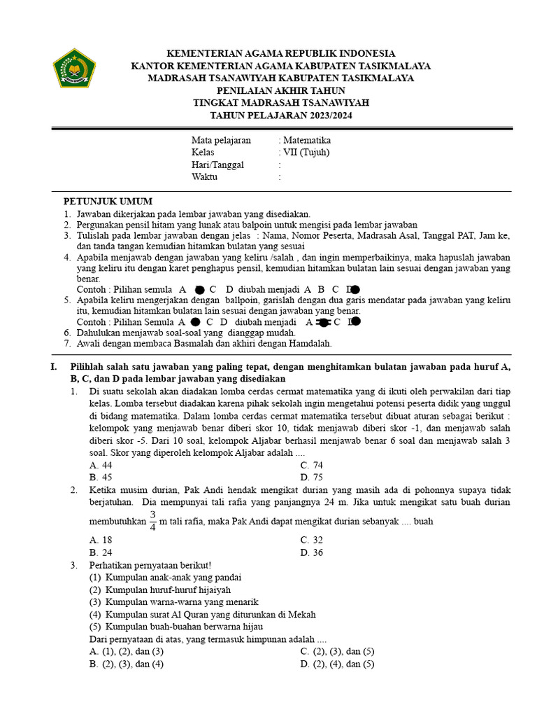 10 SOAL ASAT MTK 7 MTs 2024 | PDF